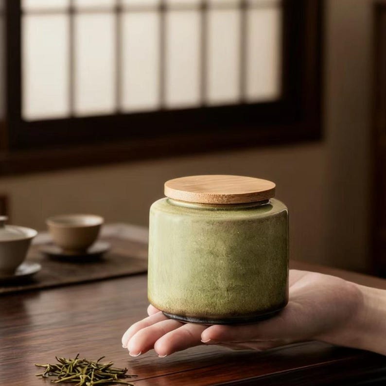 Rustic Green Ceramic Jar With Wood Lid, Farmhouse Kitchen Storage ...