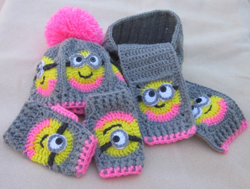 Custom Order! Handmade Crochet Minion Hat, Scarf, and Fingerless Glove ...