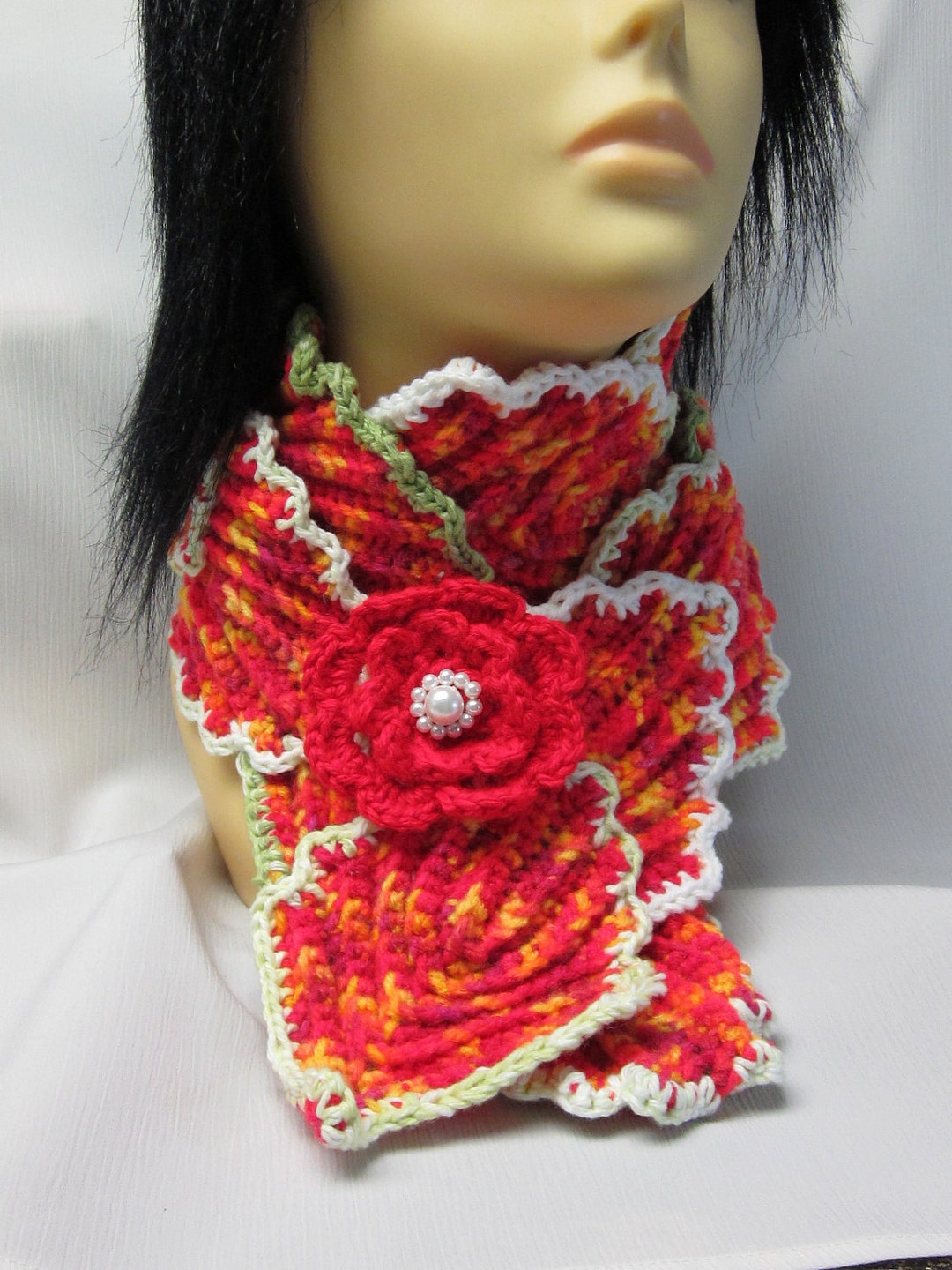 Multi Color Crochet Scarf With Beautiful Flower Brooch - Etsy