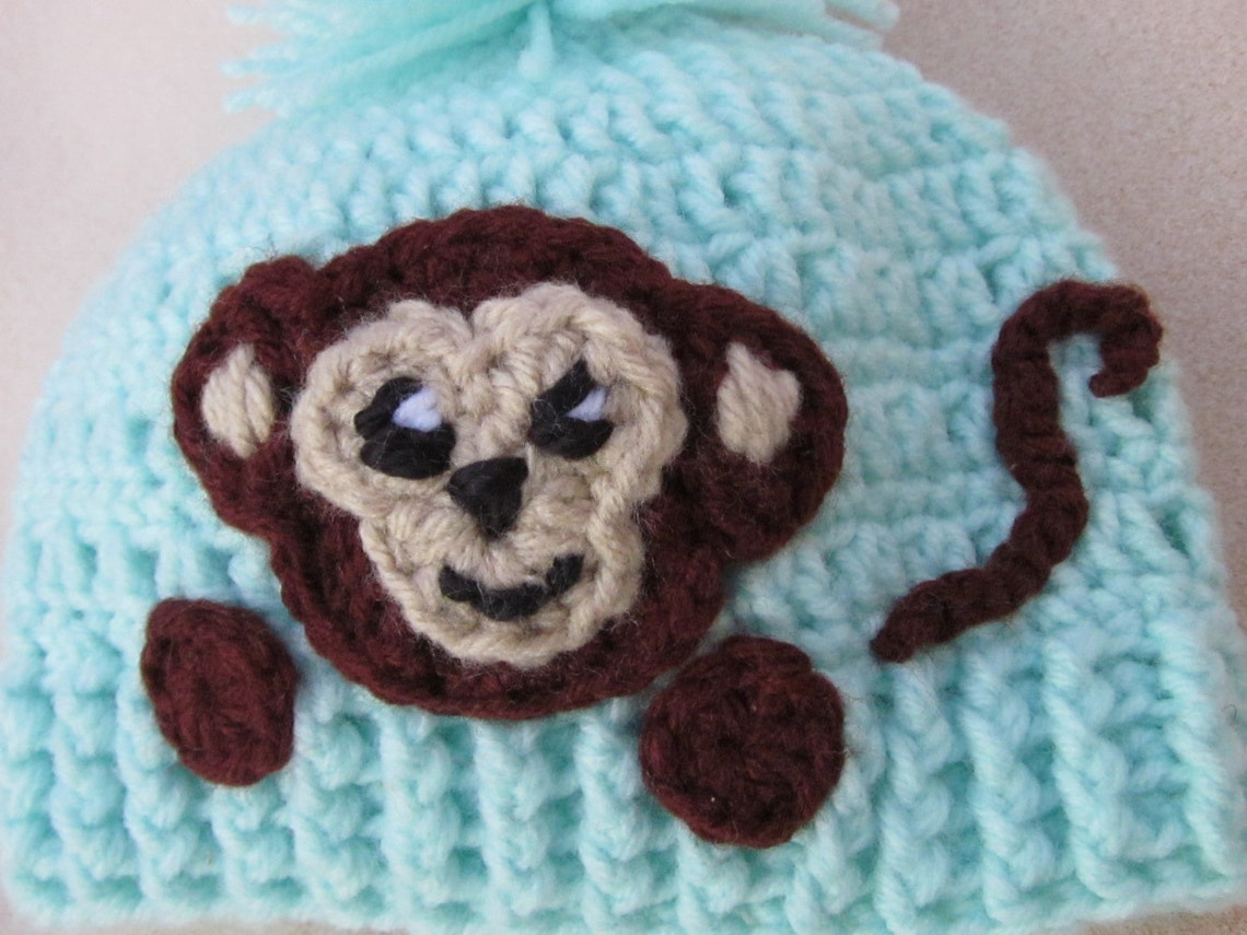 Monkey Applique Crochet Baby Hat, Baby Hat, Baby Beanie, Photo Prop ...