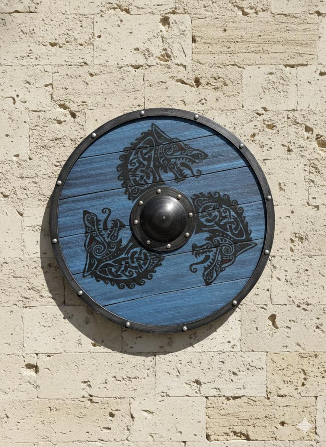Handmade Viking Shield | Fenrir Wolf Knot, Blue Wood, LARP Cosplay ...