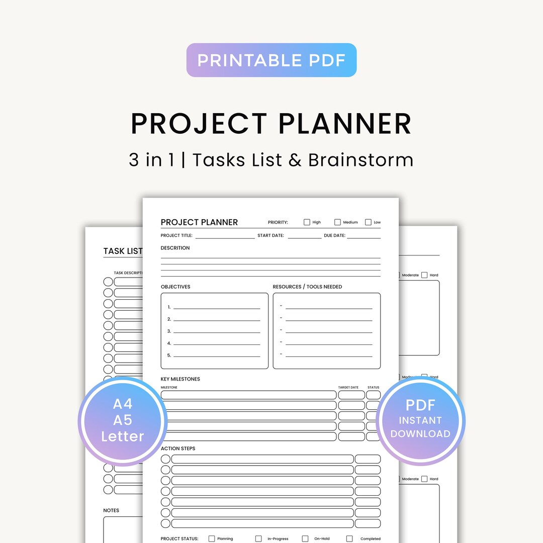 Minimalist Project Planner Printable — Task Organizer & Brainstorm ...