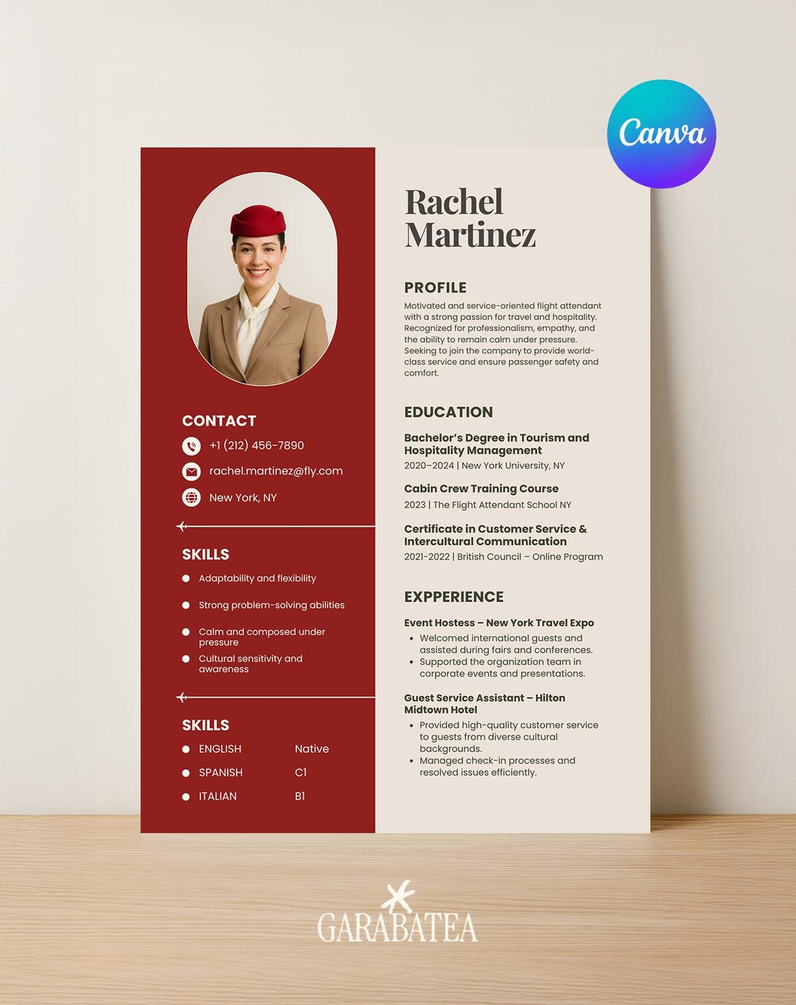 Flight Attendant Resume Template · Cabin Crew CV · Editable in Canva ...