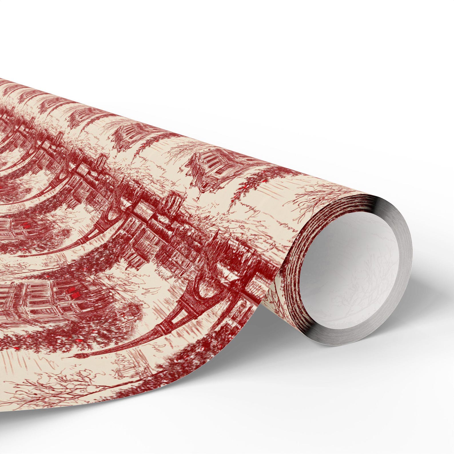 Red Paris Winter Toile Wrapping Paper, Elegant French Christmas Village ...