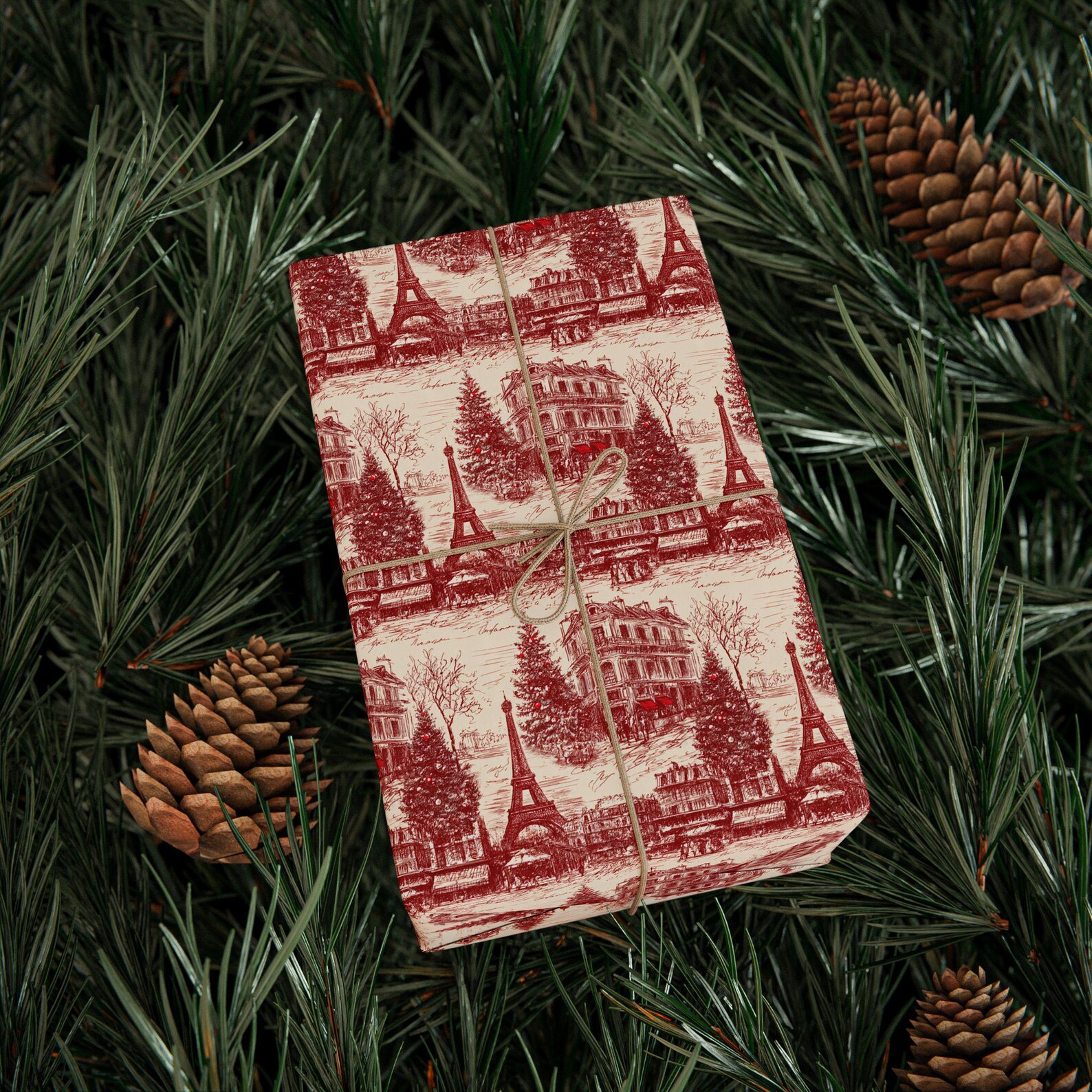 Red Paris Winter Toile Wrapping Paper, Elegant French Christmas Village ...