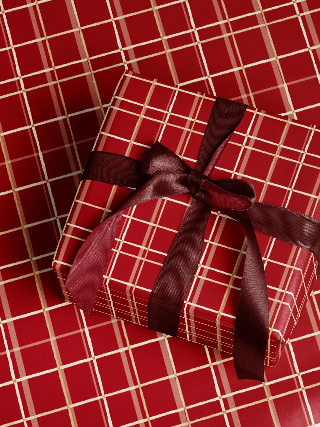 Windowpane Christmas Gift Wrap Roll, Red Plaid Christmas Wrapping Paper ...