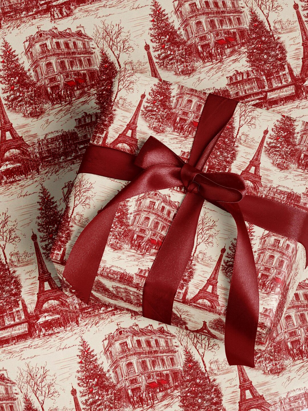 Red Paris Winter Toile Wrapping Paper, Elegant French Christmas Village ...