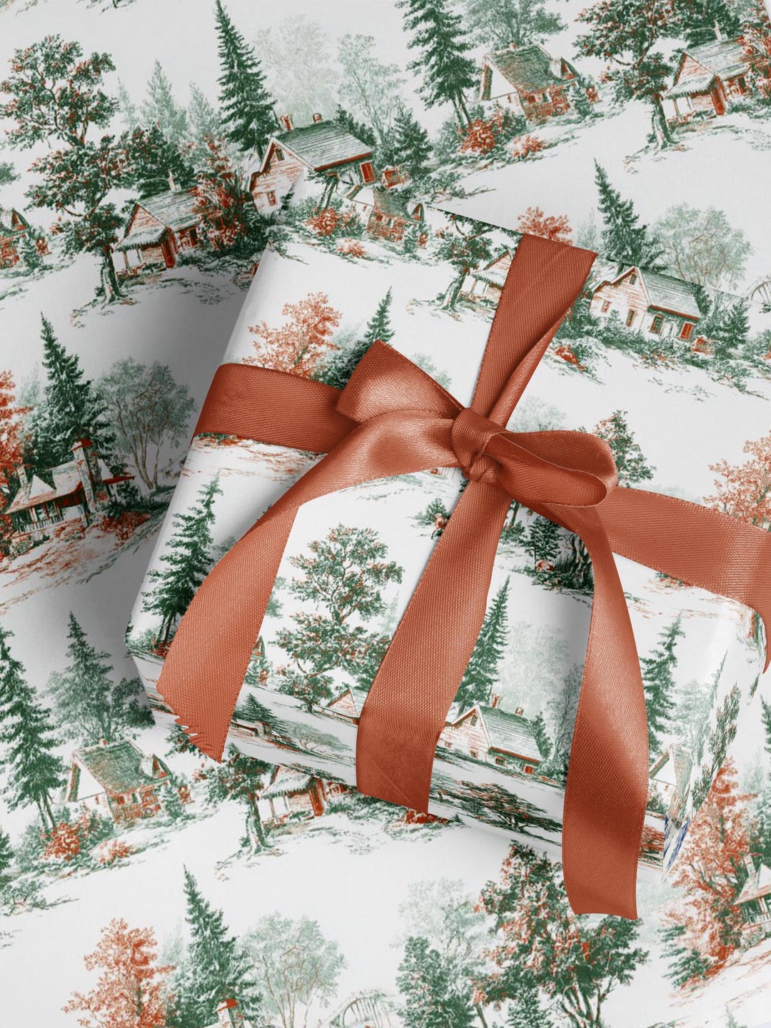 Rustic Cabin Christmas Toile Wrapping Paper, Cozy Farmhouse Winter ...