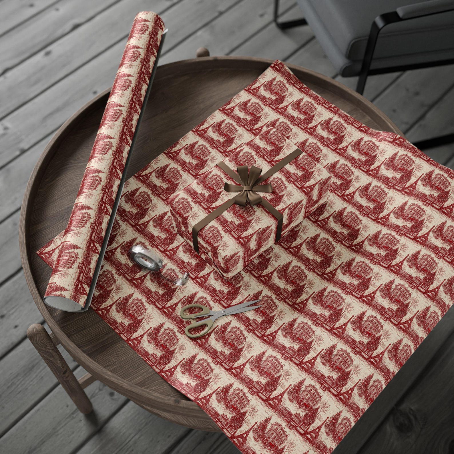 Red Paris Winter Toile Wrapping Paper, Elegant French Christmas Village ...