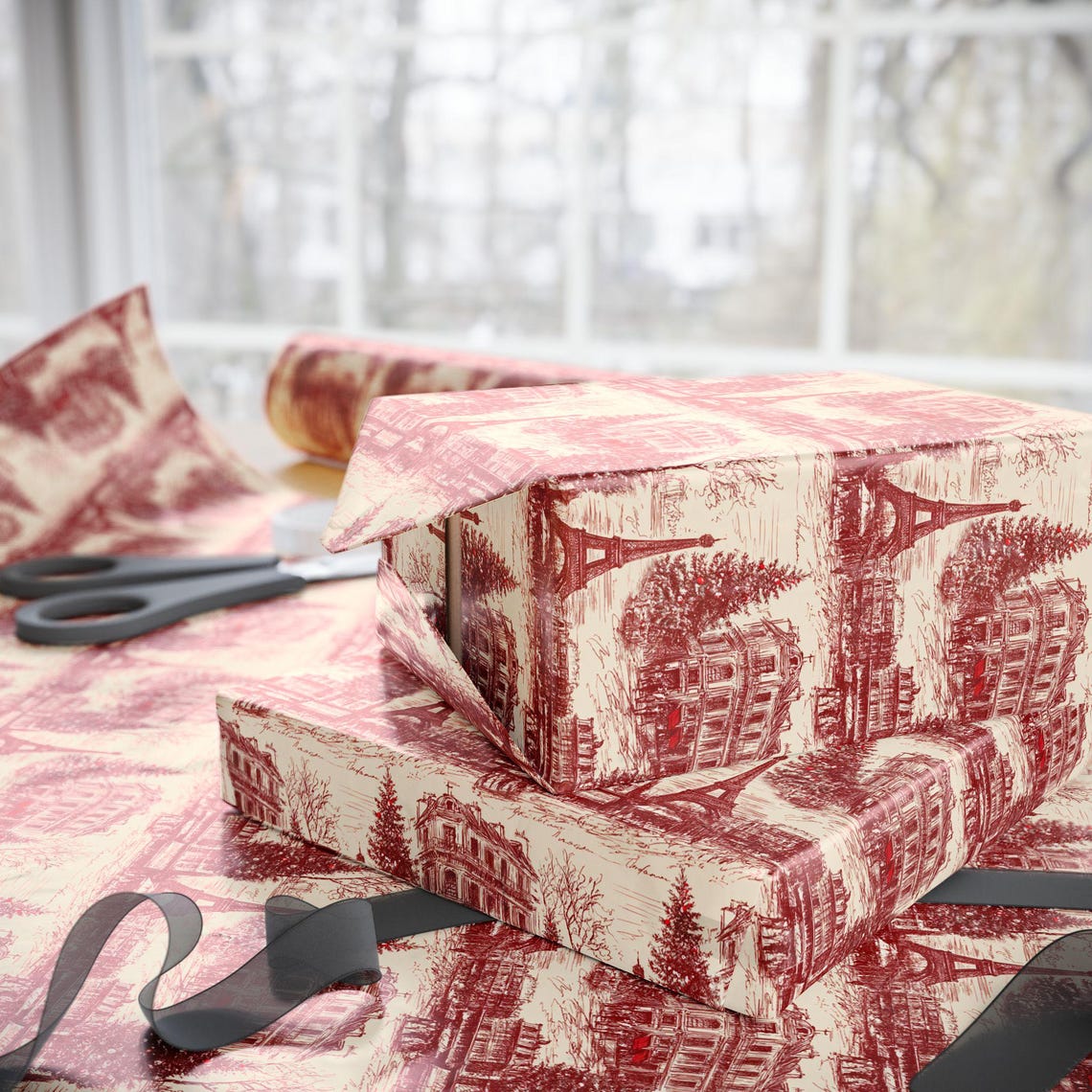 Red Paris Winter Toile Wrapping Paper, Elegant French Christmas Village ...