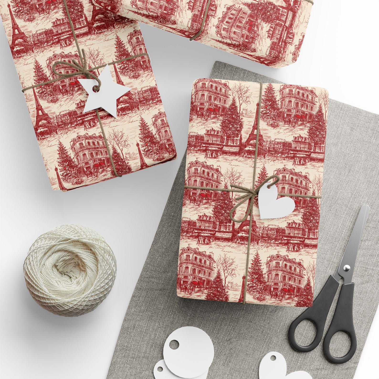 Red Paris Winter Toile Wrapping Paper, Elegant French Christmas Village ...
