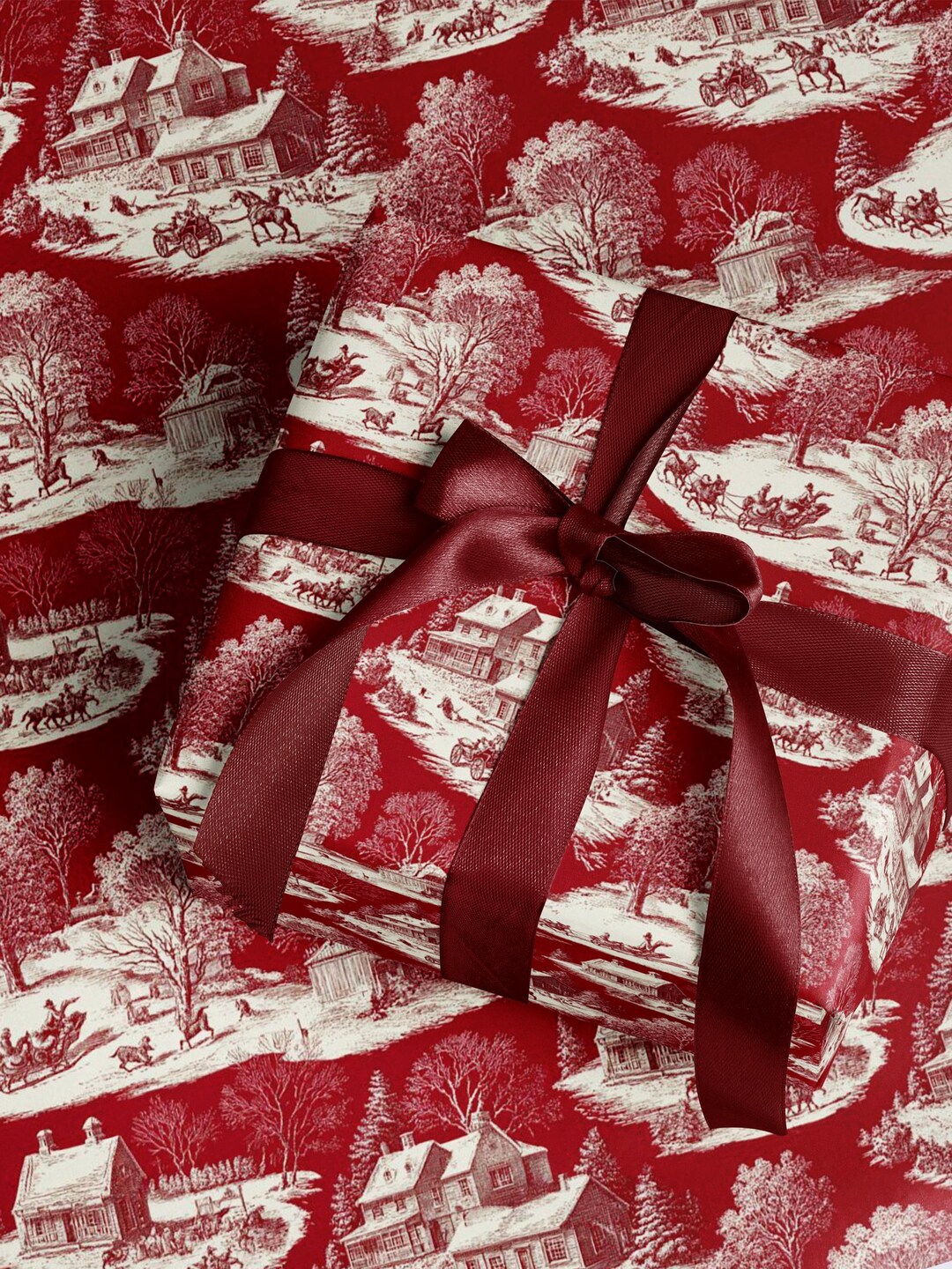 Vintage Toile Christmas Wrapping Paper, Red Winter Village Holiday Gift ...