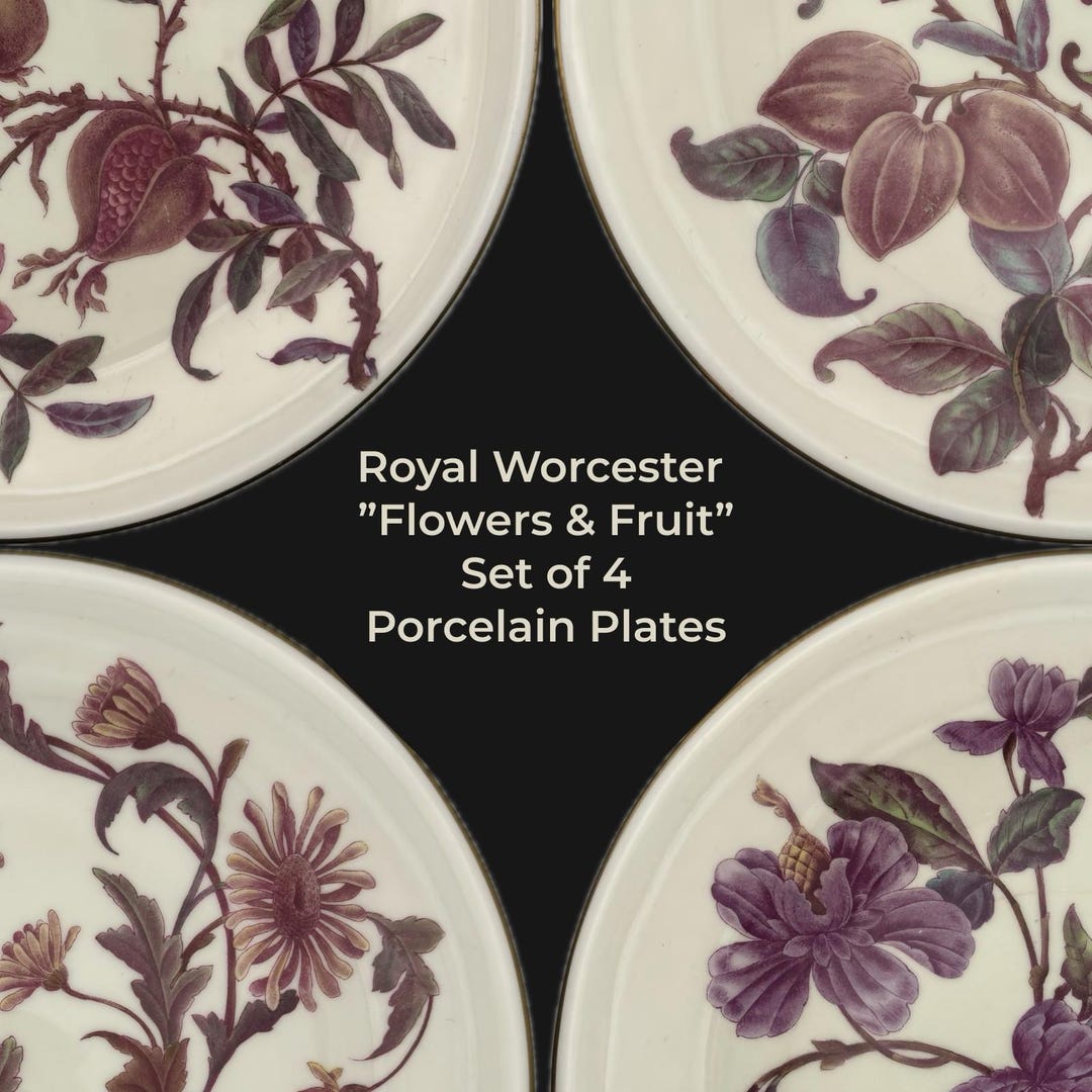 Royal Worcester Antique Flowers & Fruit Plates, Set of 4, Puce Floral ...