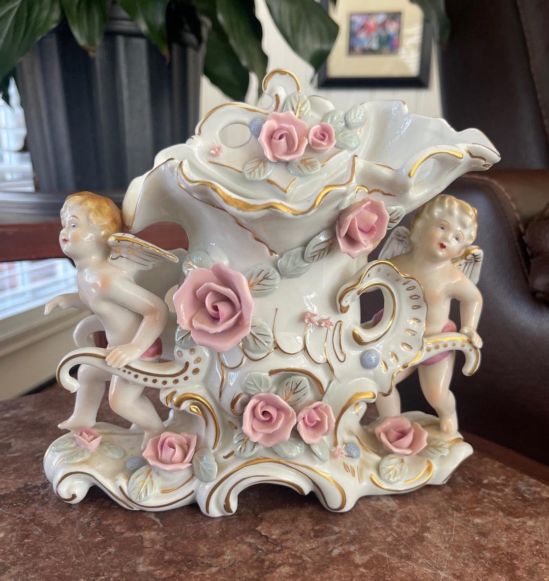 Vintage Porcelain Rococo Style Vase Cherubs Roses Handpainted Marked ...