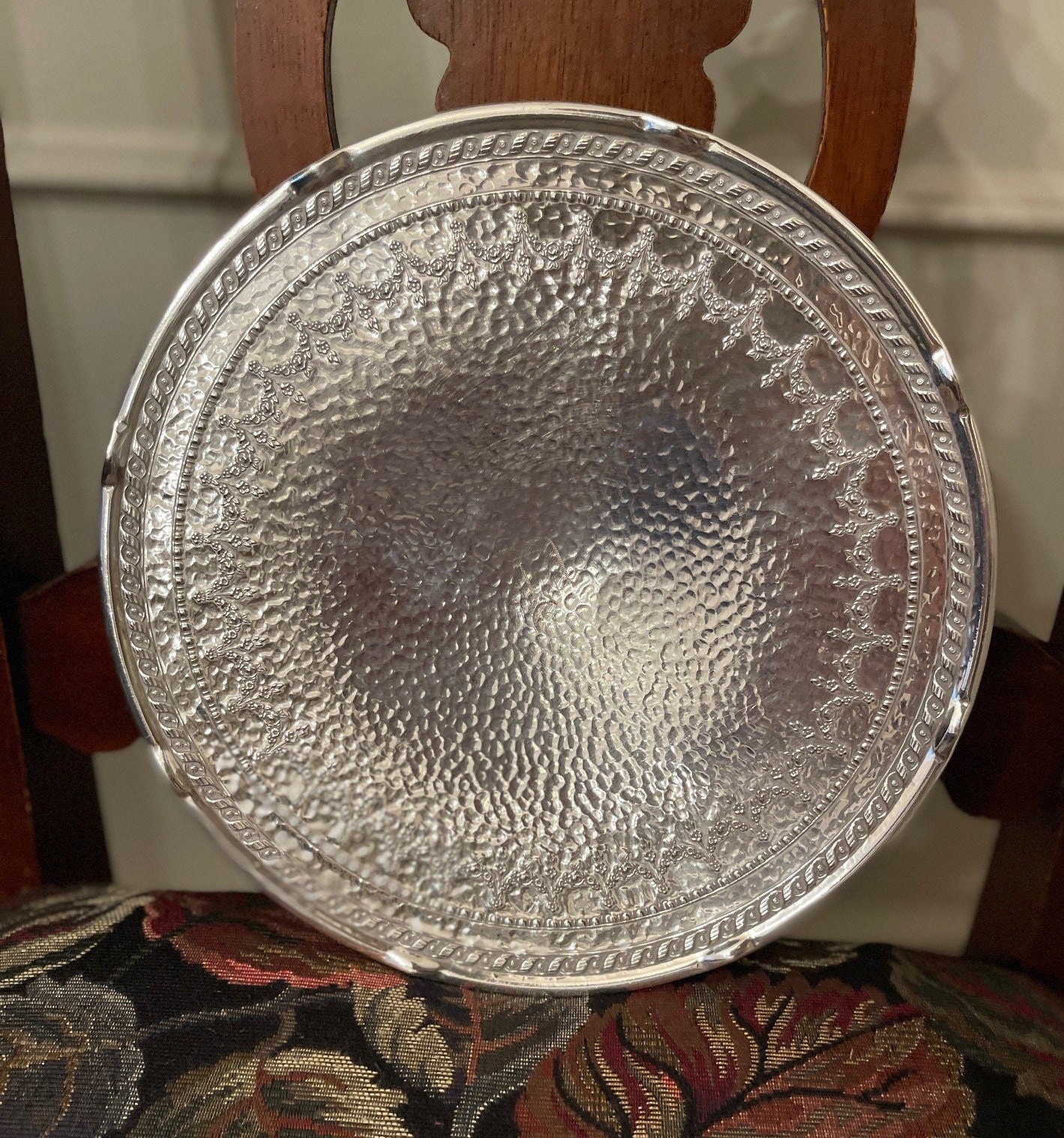 Antique Hammered Apollo Footed Silverplate Platter by Bernard Rices ...