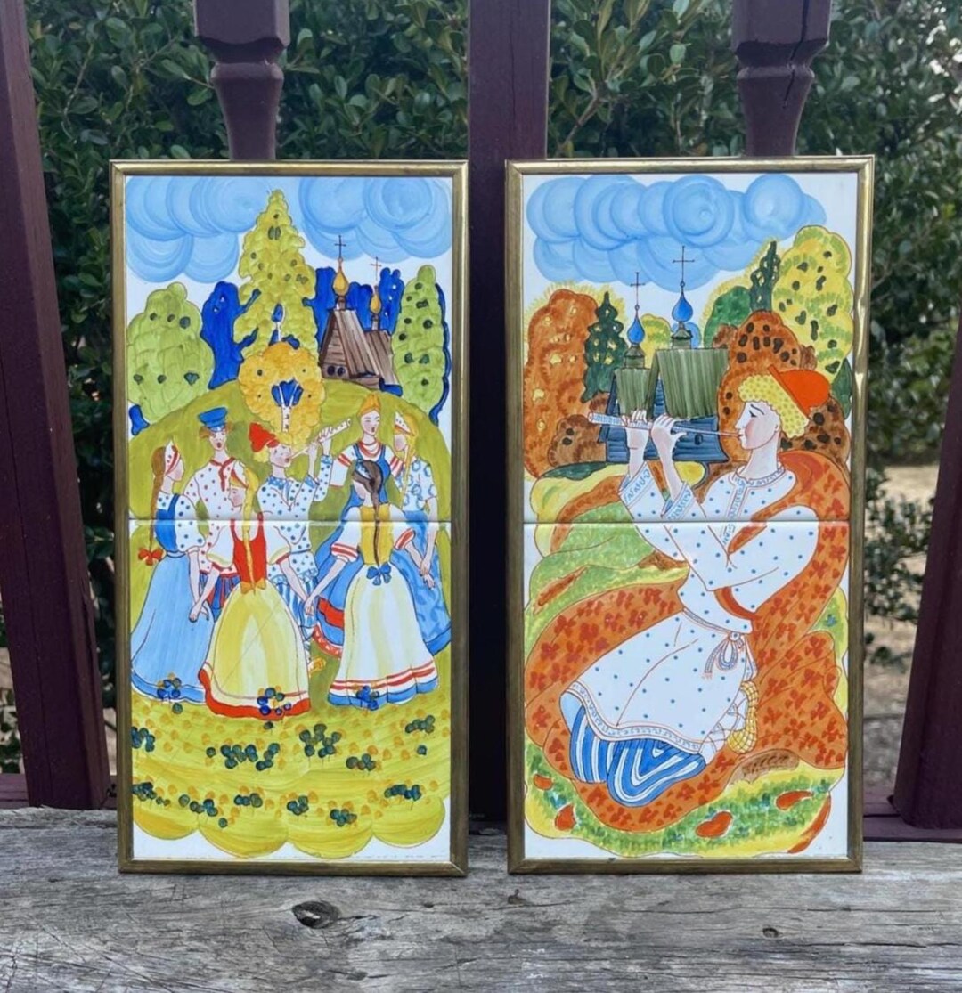 Vintage Russian Folk Art Porcelain Hand Painted Tiles, Framed, Set of 2 ...
