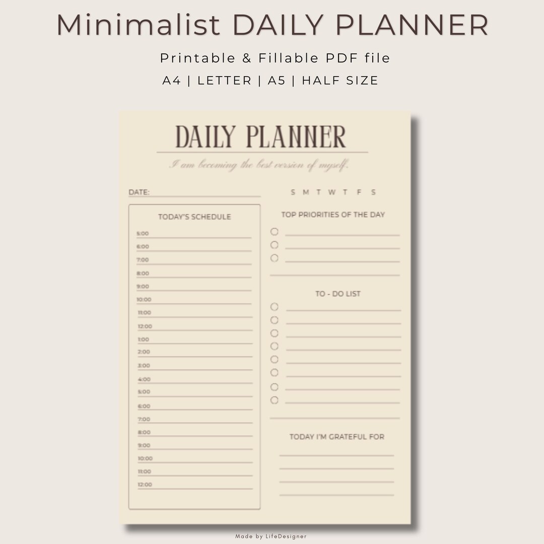 Minimalist Daily Planner Printable | Hourly Schedule PDF | ADHD Planner ...