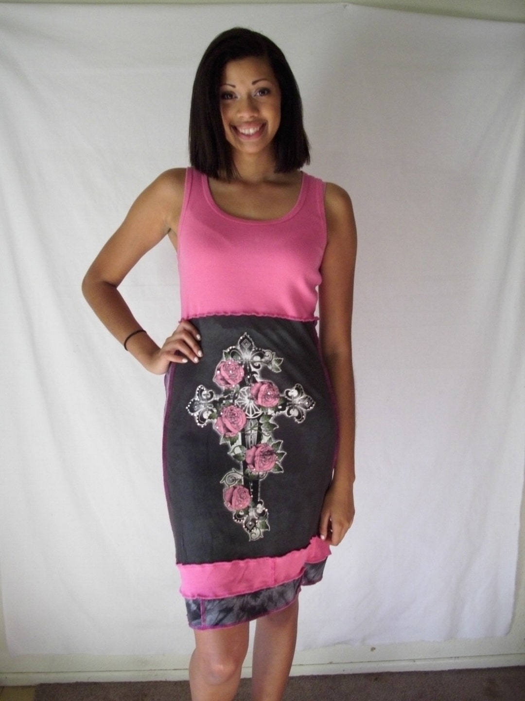 Upcycled Tshirt Sundress Cross Roses Rhinestones Fleur De Lis Hot Pink ...
