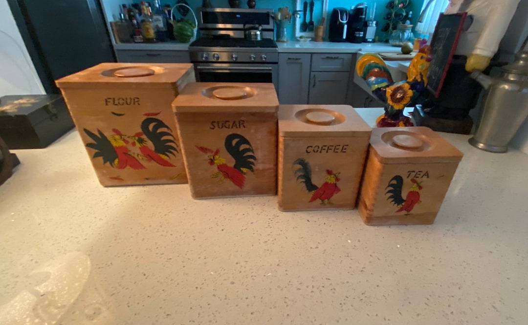 Mid Century Fighting Roosters Set of Nested Wood Canisters - Kitchen ...