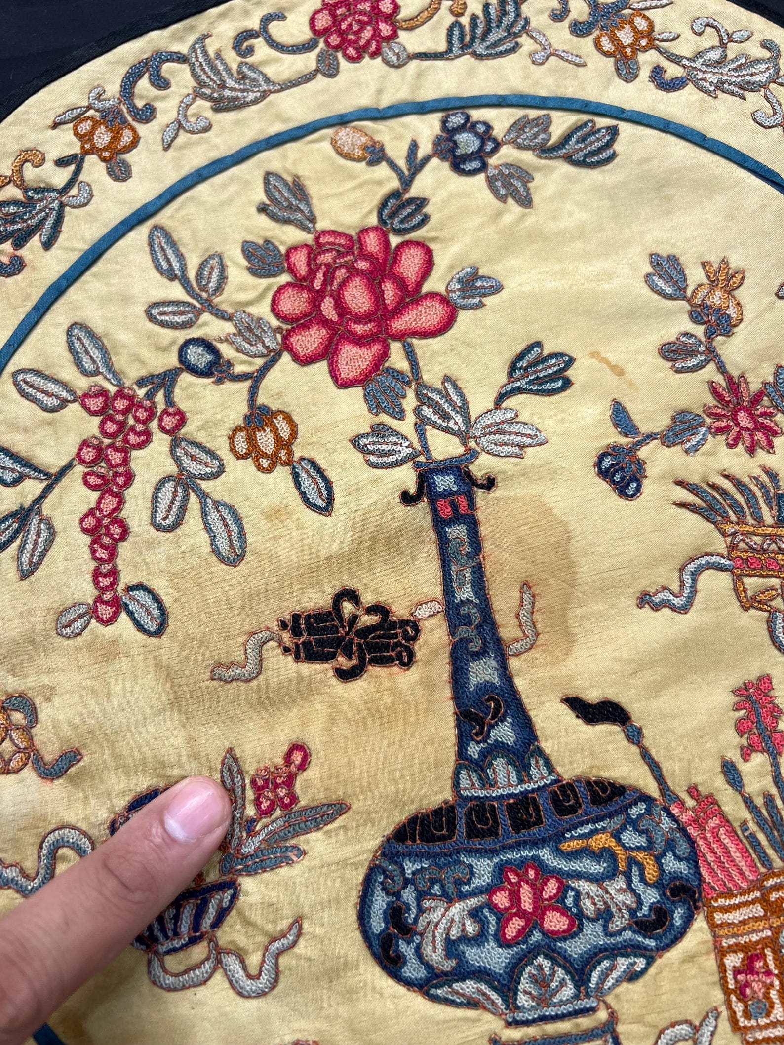 Vintage Chinese Silk Embroidery Round Forbidden Stitch Traditional ...