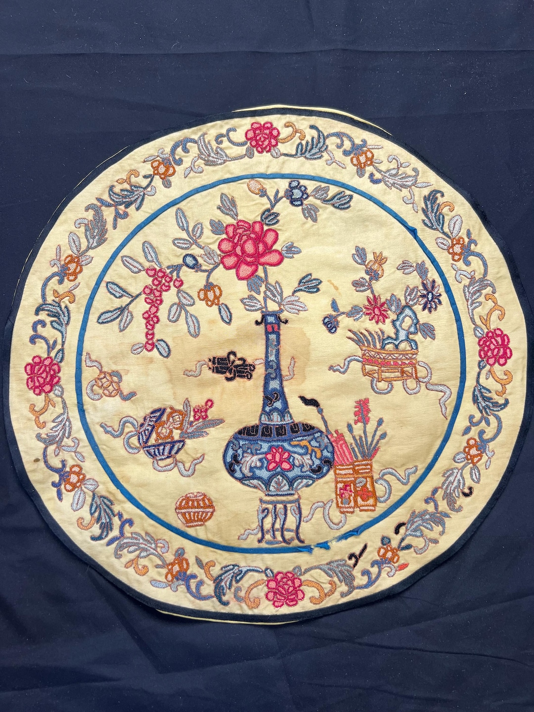 Vintage Chinese Silk Embroidery Round Forbidden Stitch Traditional ...