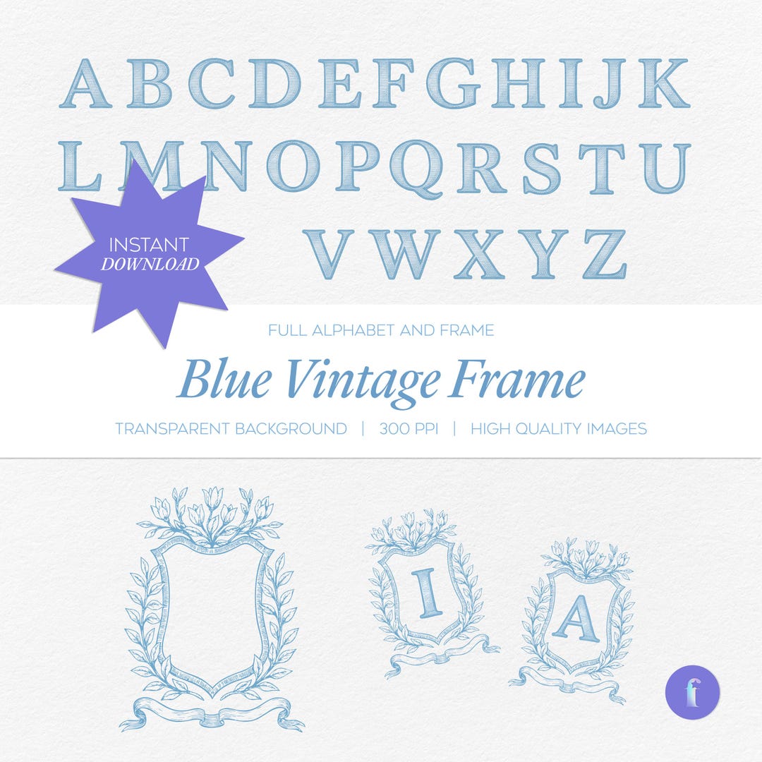 Blue Vintage Crest Frame and Full Alphabet Clipart Watercolor Monogram ...