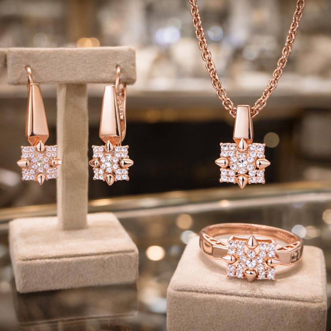 925 Silver Rose Gold Plated Jewelry Set Ring Earrings Pendant Cubic ...