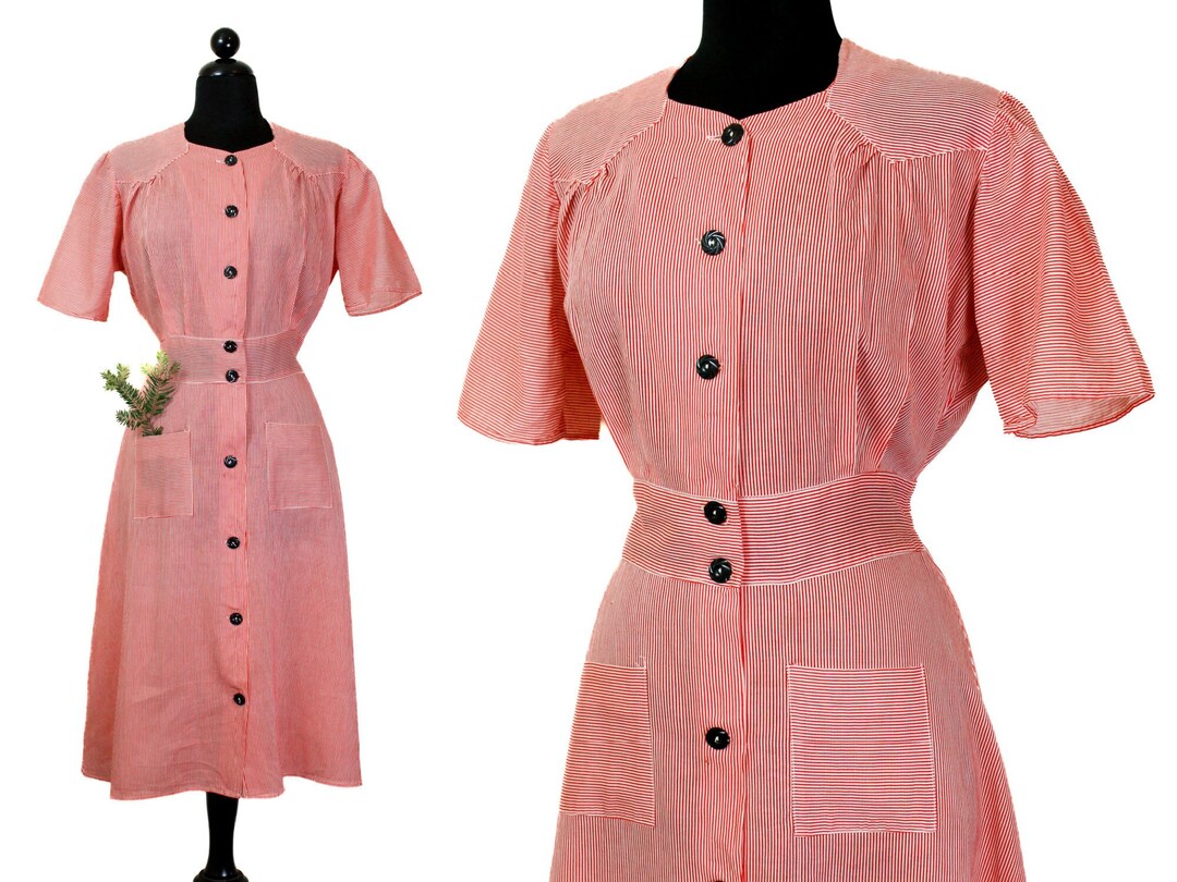 1940s Dress // Sugar Cookie Vintage 1940s Red Striped Cotton Day Dress ...