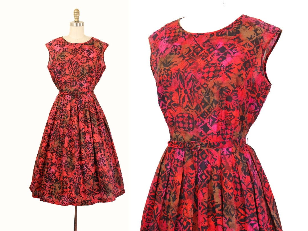 1960s Sundress // Pineapple Sunrise Vintage Red Cotton Tropical Block ...