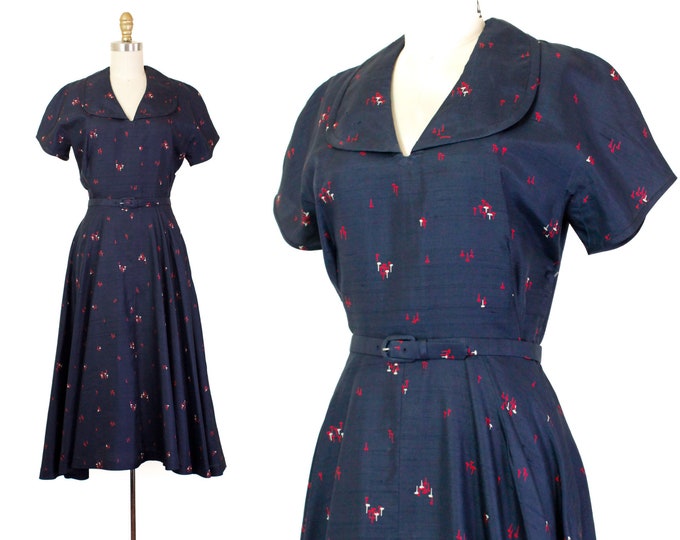 1940s Dress // Sharp as a Tack Vintage 40s 1950s Navy Blue Silk Novelty ...