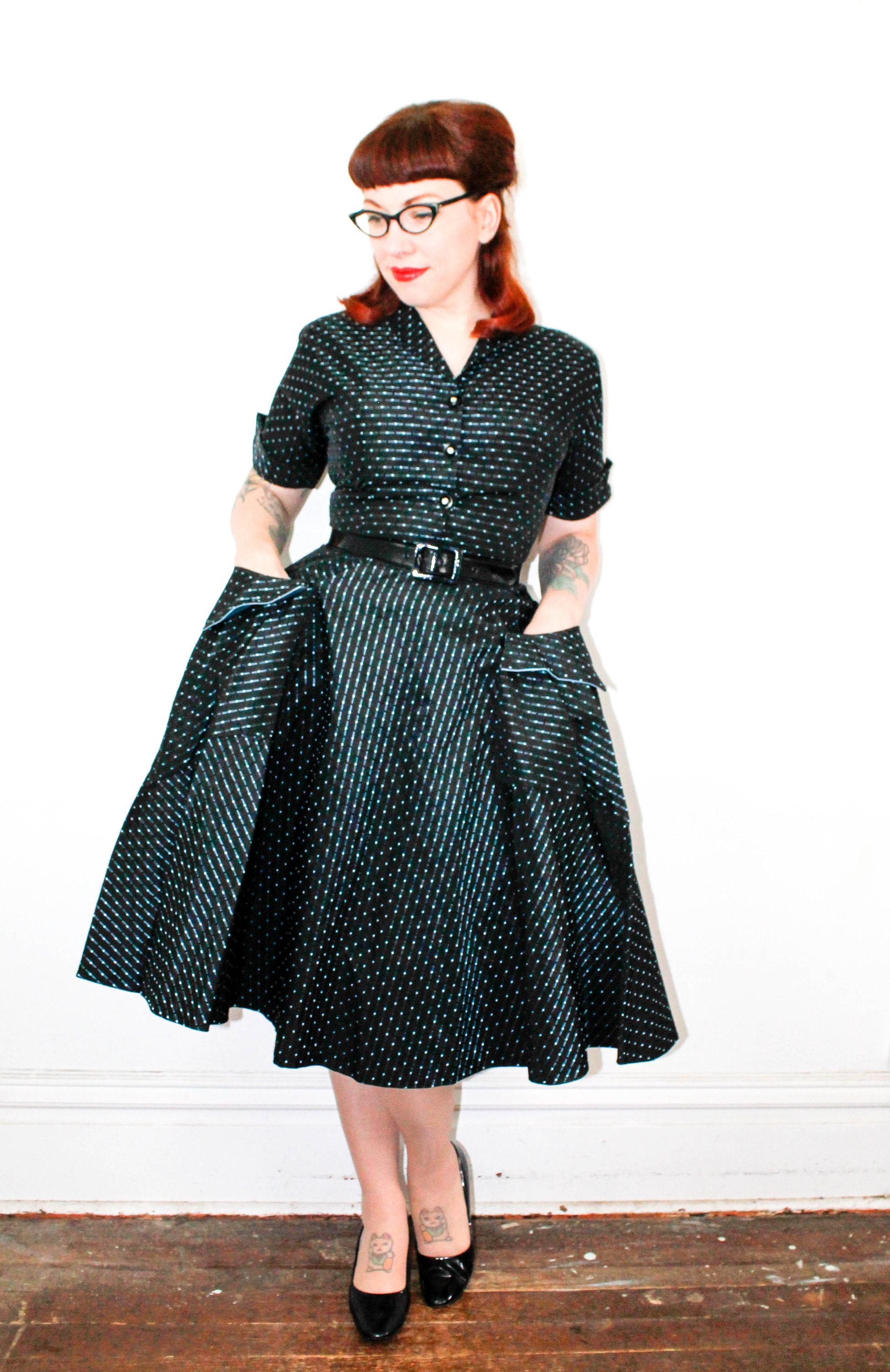 1950s Taffeta Dress Paris Lights Atomic Vintage Black Taffeta 1950s