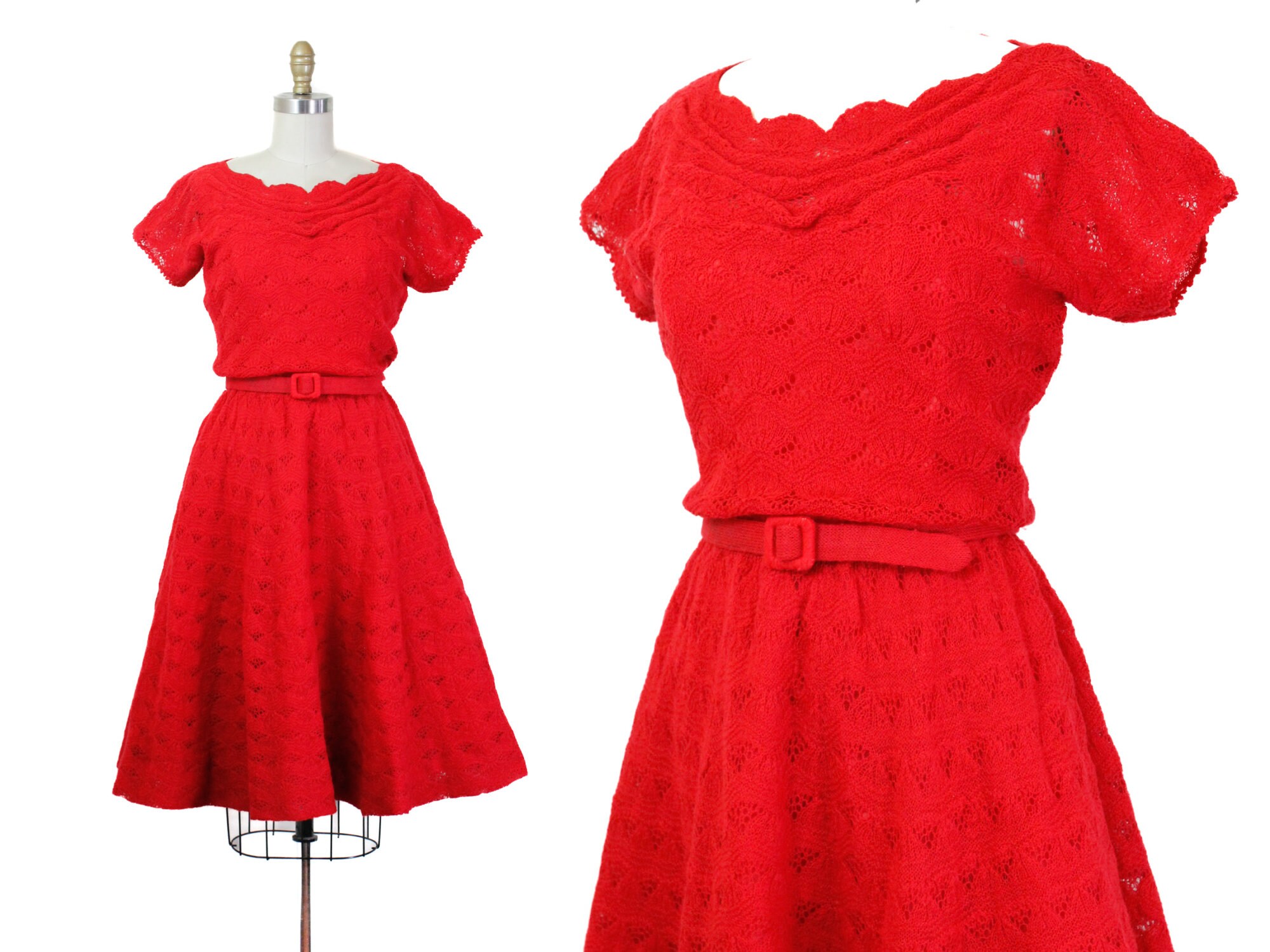 The Poinsettia // 1950s red pointelle knit party dress // Md