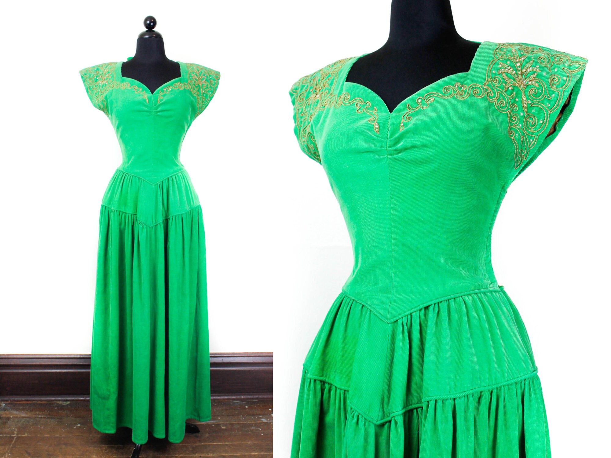 1940s green dress // Emerald City green and gold vintage 1940s floor ...