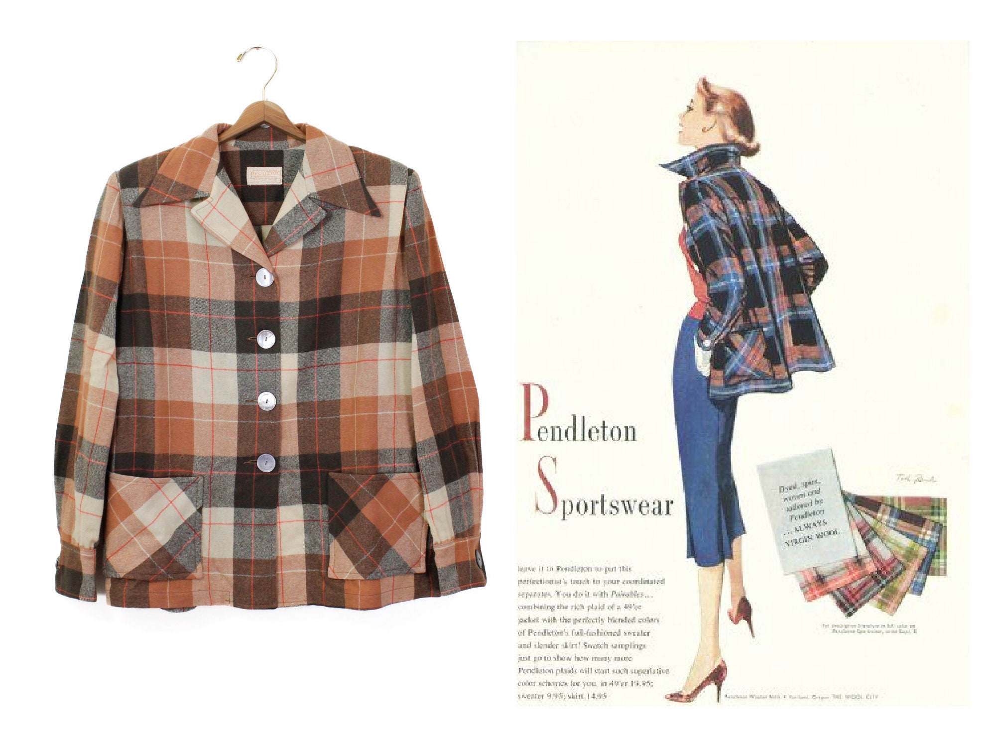 Sugar Maple // 1950s Pendleton 49'er brown plaid wool shirt jacket Lg Xl