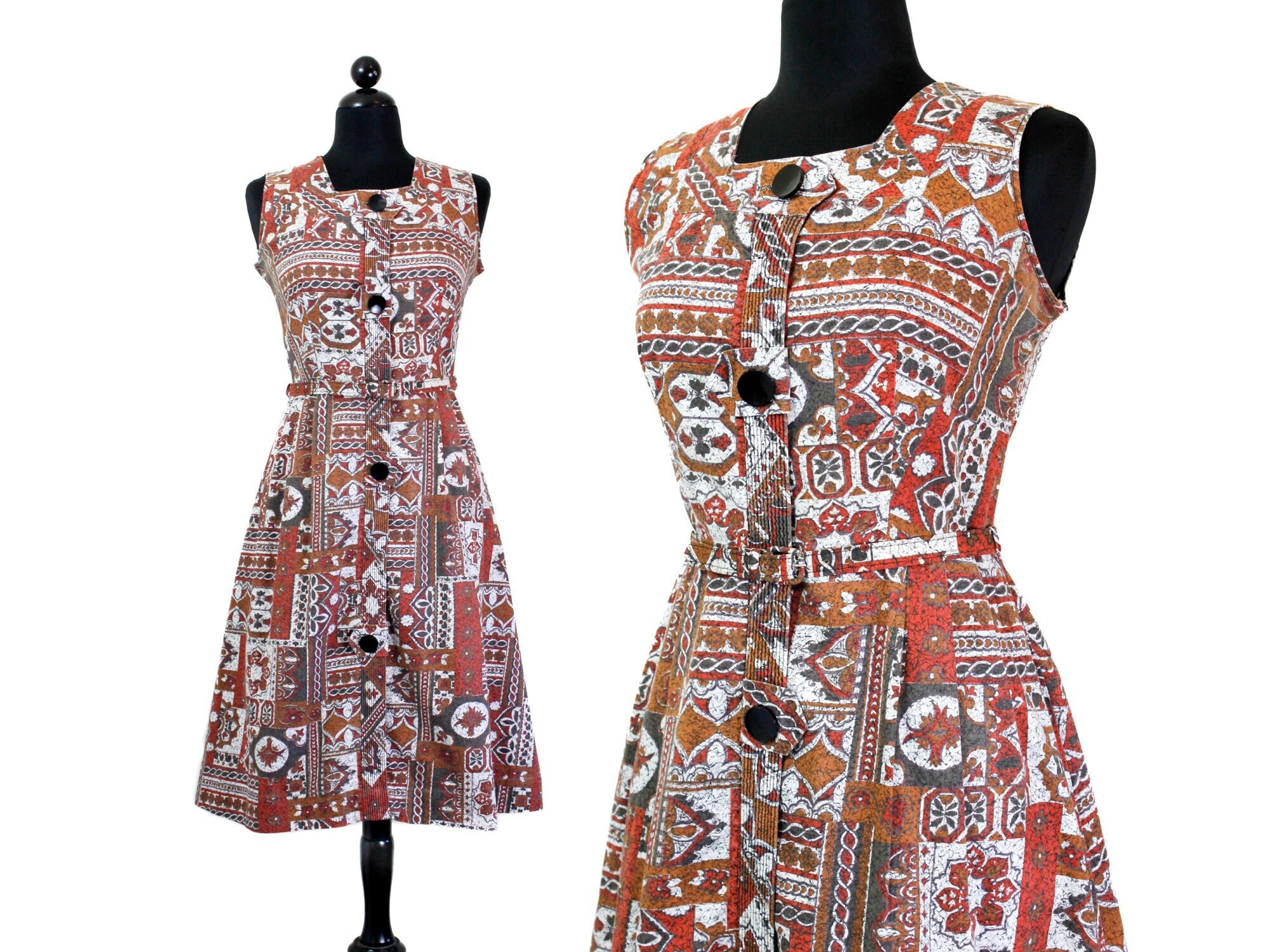 Terracotta // 1950s early 60s brown tile print cotton sundress // Md 30 ...