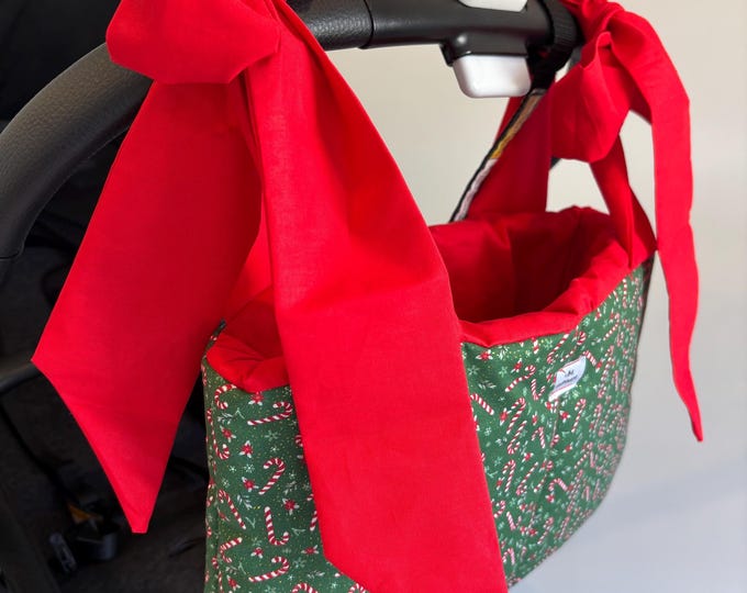 Handmade Christmas Candy Cane Print Pram Caddy: Red Adjustable Bow ...