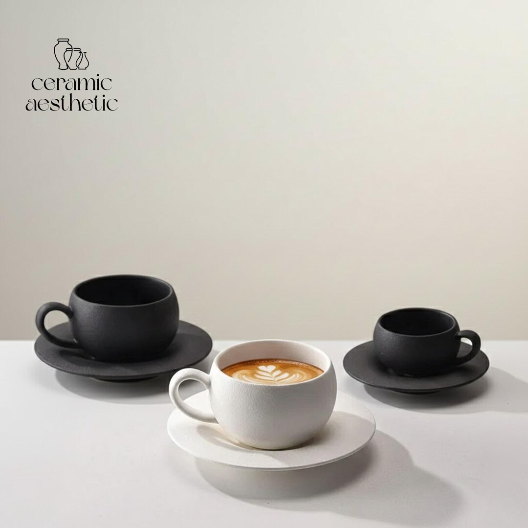 Japanese Style Ceramic Mug, Black White Fired Stone Coffee Cup, Saucer ...