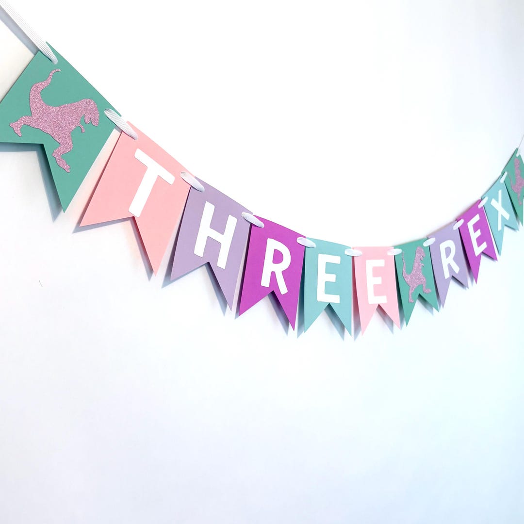 Three Rex Birthday Banner: Pink Glitter Dinosaur Party Decor - Etsy