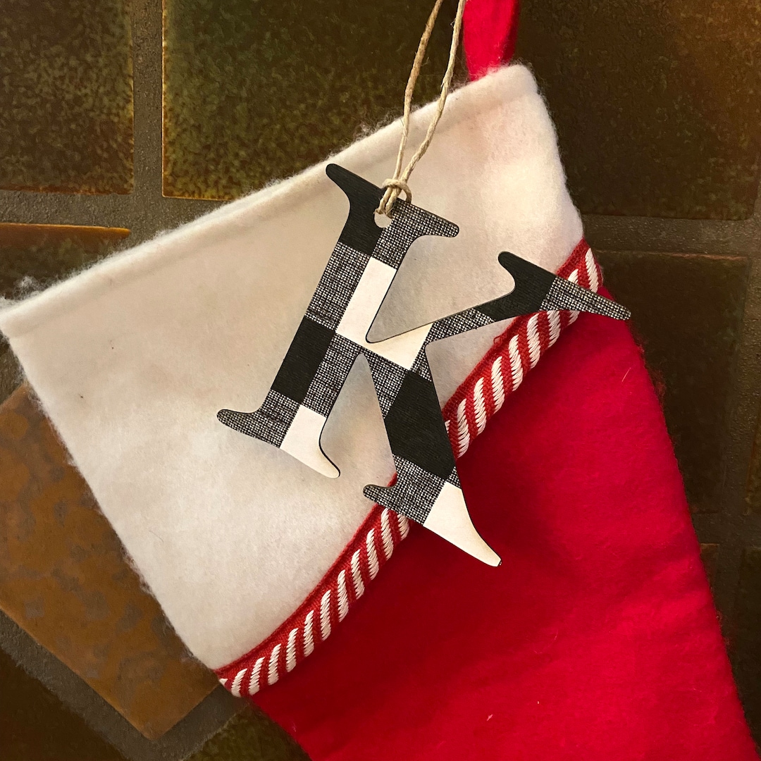 Black and White Buffalo Check Initial Christmas Ornament, Christmas ...