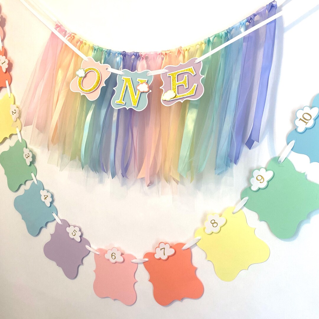 Pastel Rainbow First Birthday Banner: Cloud Photo Garland & High Chair ...