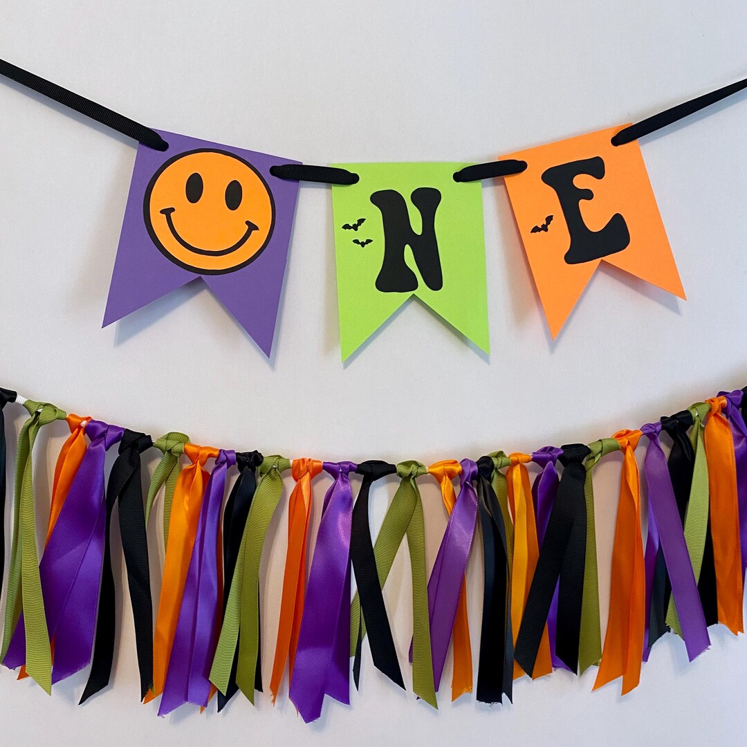Orange Smiley Face Ribbon Backdrop , One Spooky Dude Birthday High ...