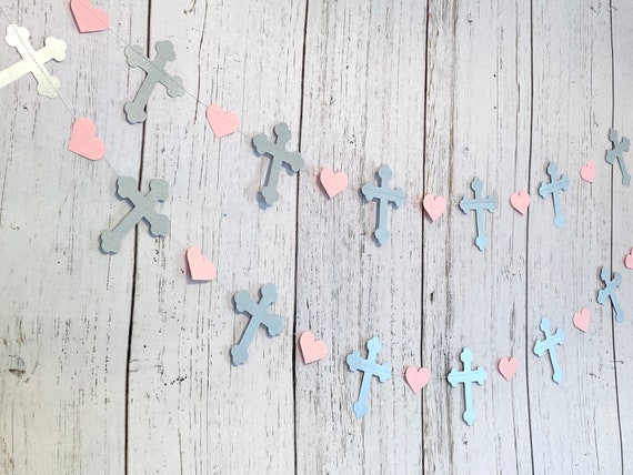 Christening Cross Garland - Silver & pink Baptism decorations - First ...