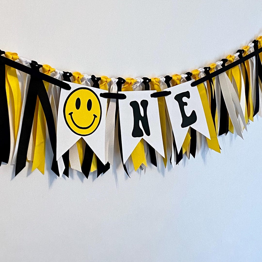 Yellow Smiley Face Ribbon Backdrop , One Happy Dude Birthday High Chair ...