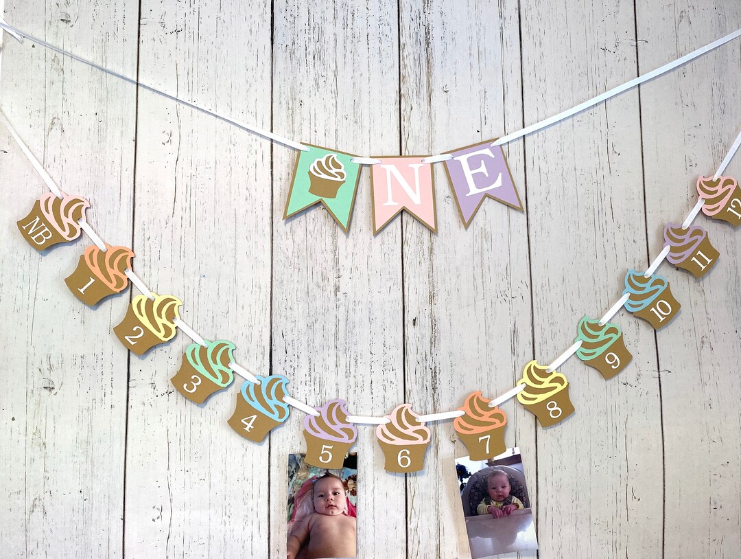 Cupcake First Birthday Decorations 12 Month Photo Banner - Etsy