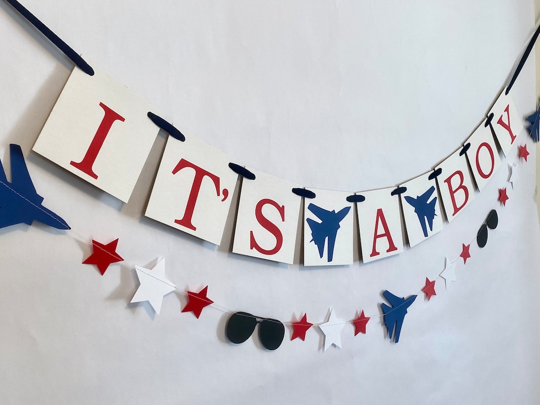 Military Jet Baby Shower Banner: Red, White & Blue Fighter Jet Garland ...