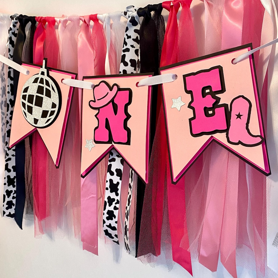 Disco Cowgirl Theme High Chair Banner , Pink 1st Rodeo Birthday Photo ...