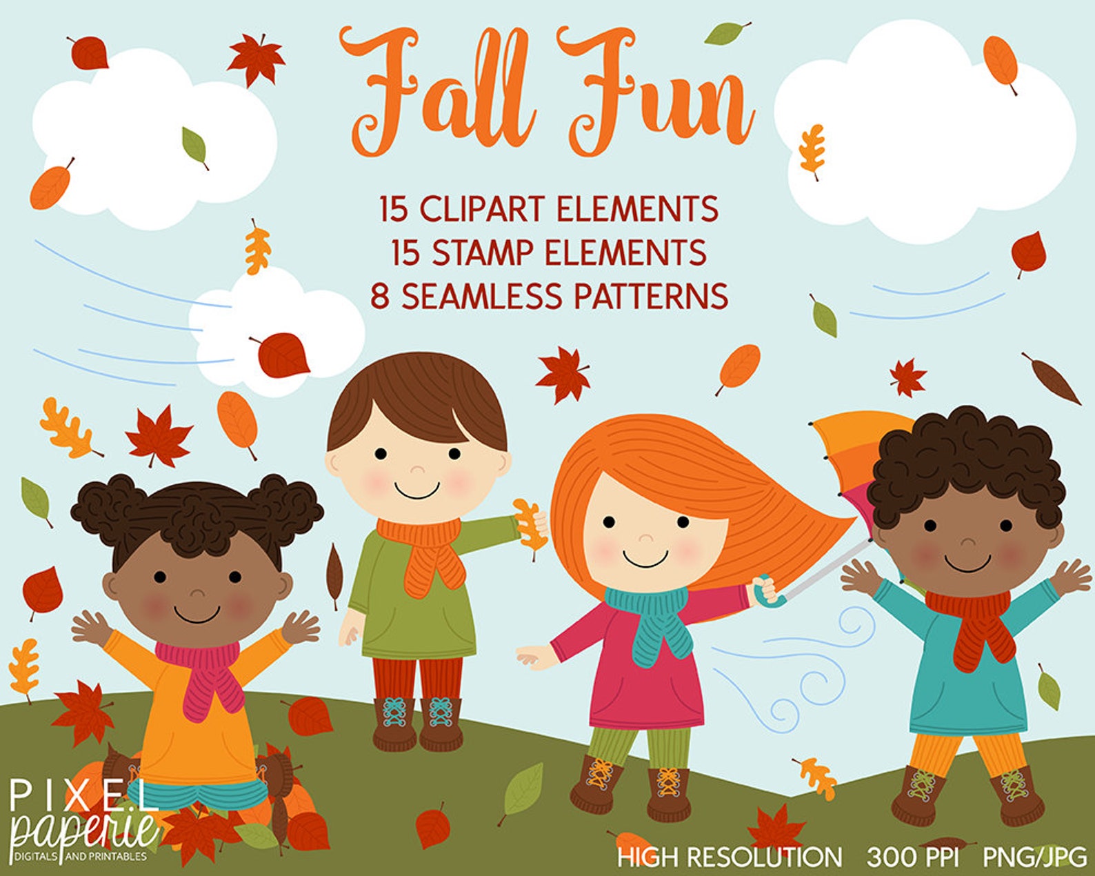 Fall clipart autumn kids clip art leaves stamps papers | Etsy