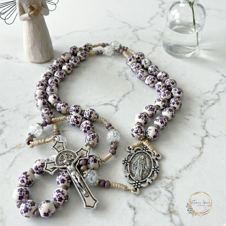 Handmade Floral Porcelain Rosary, Natural Quartz Stone Beads, Vintage ...