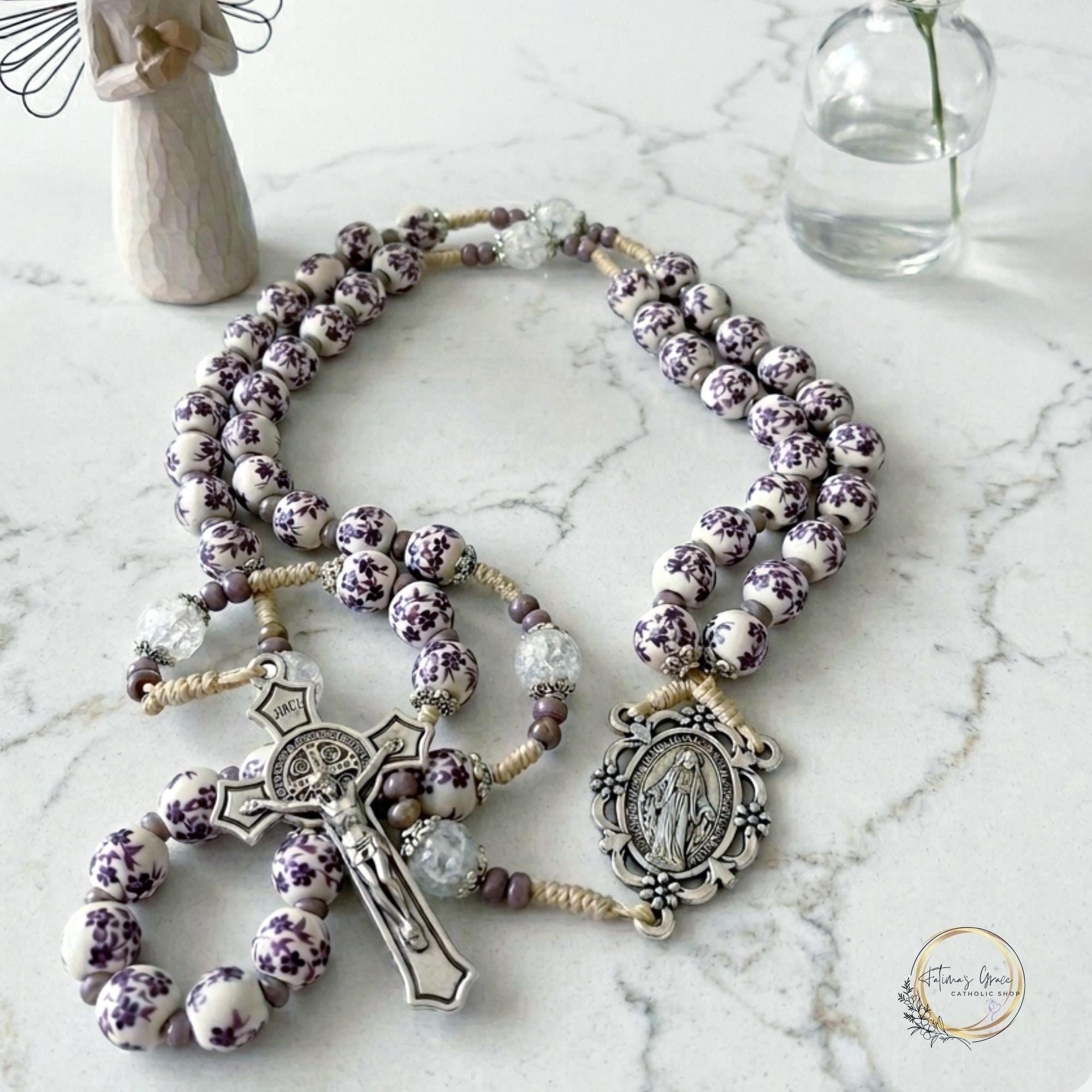 Handmade Floral Porcelain Rosary, Natural Quartz Stone Beads, Vintage ...