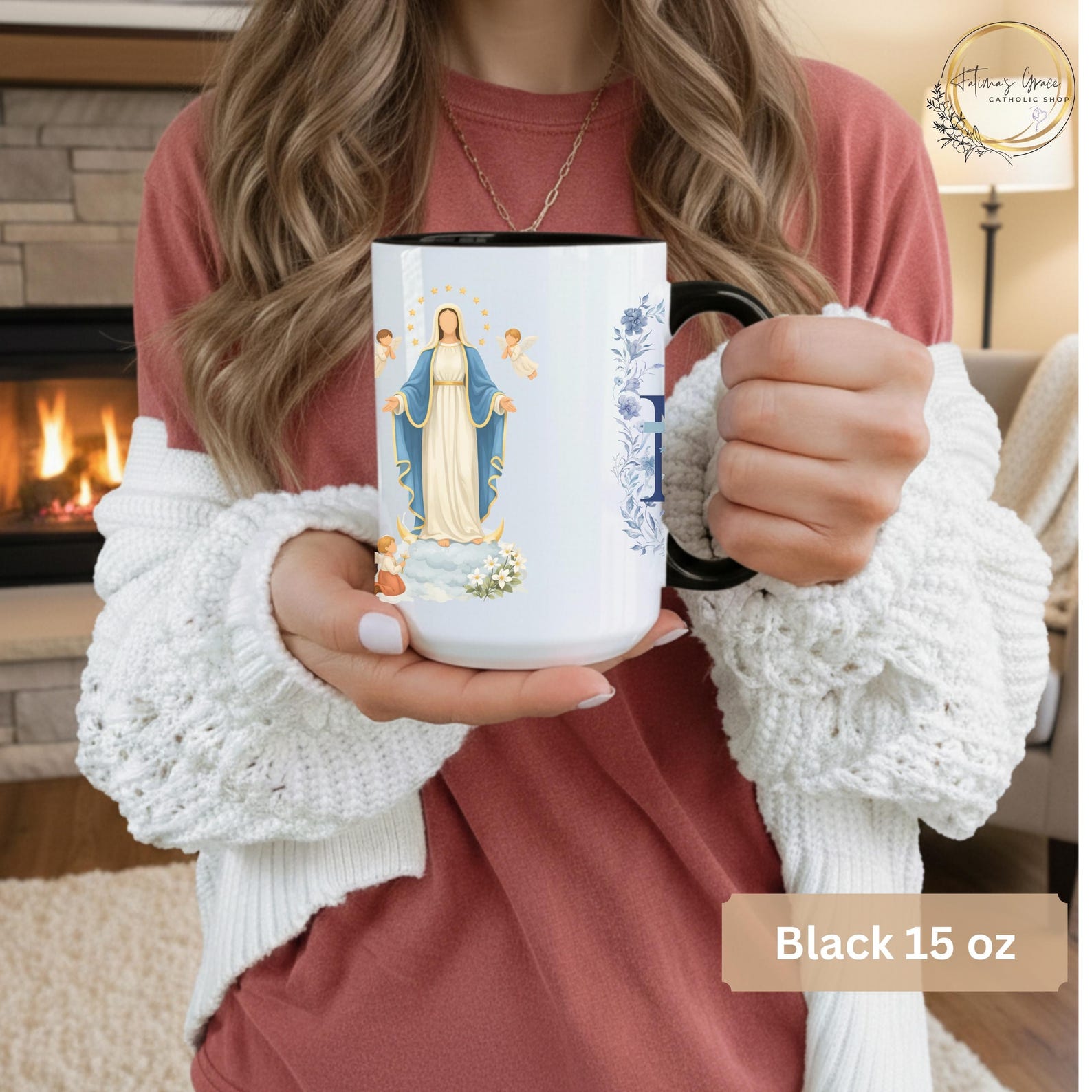 Our Lady Catholic Coffee Cup, Miraculous Virgin Mary Monogram, Catholic ...